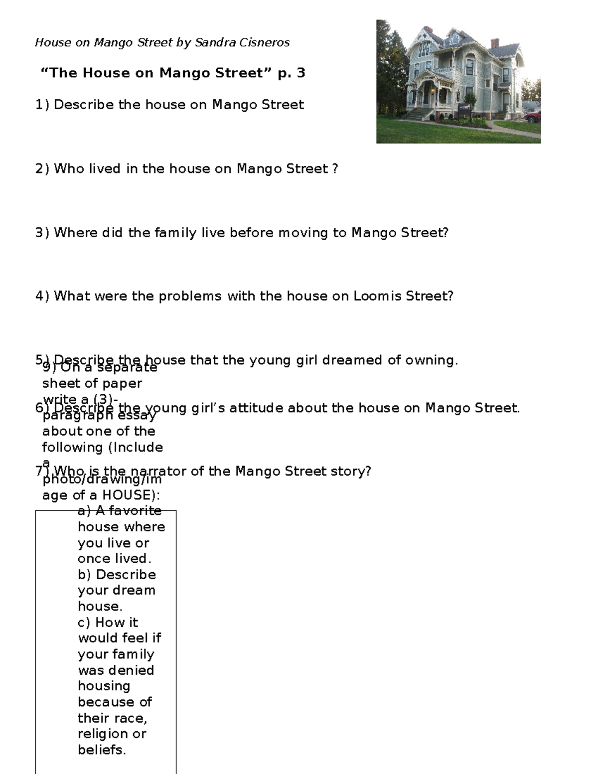 House on Mango Street Workbook - House on Mango Street by Sandra ...