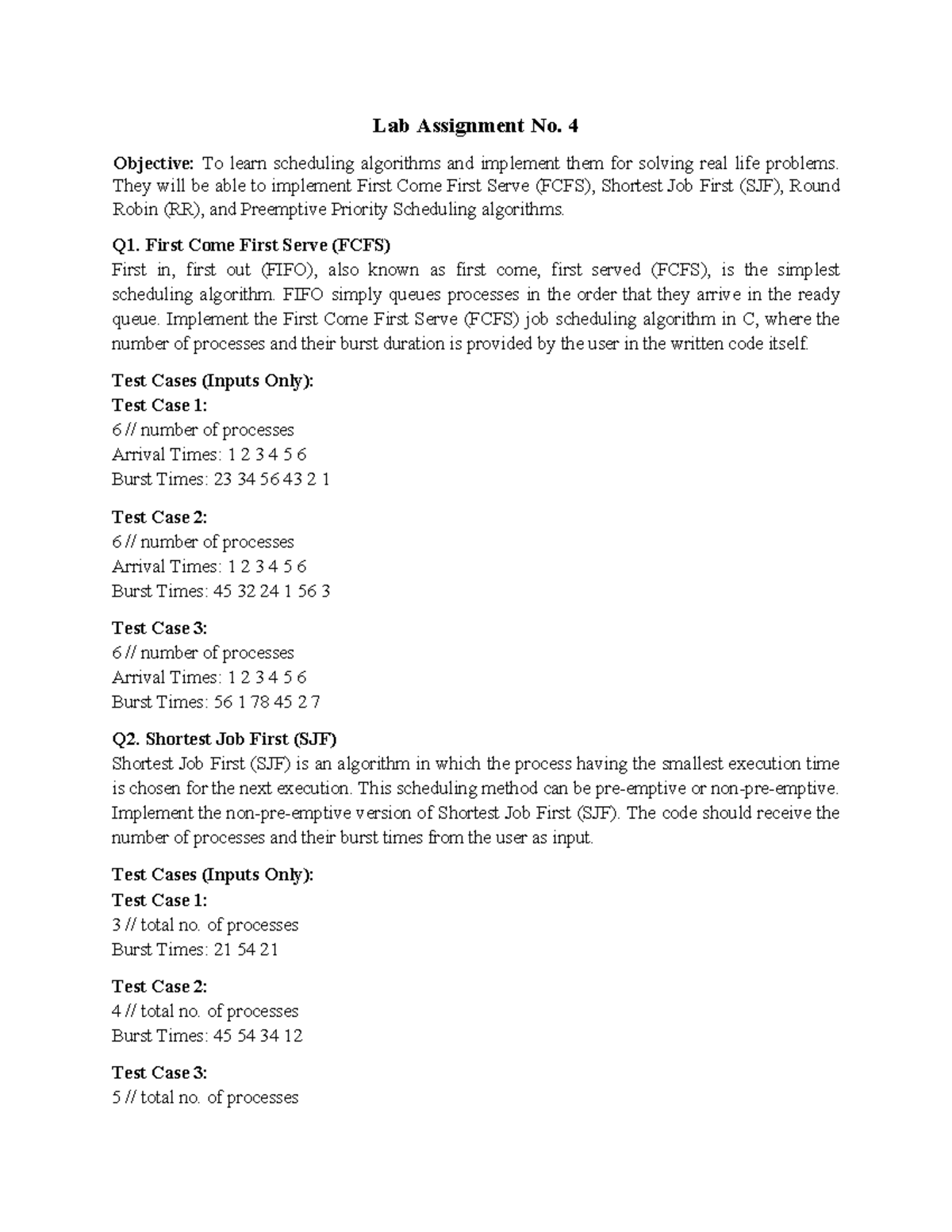 Lab Assignment 4 - CPU Scheduling Algorithms Implementation - Studocu