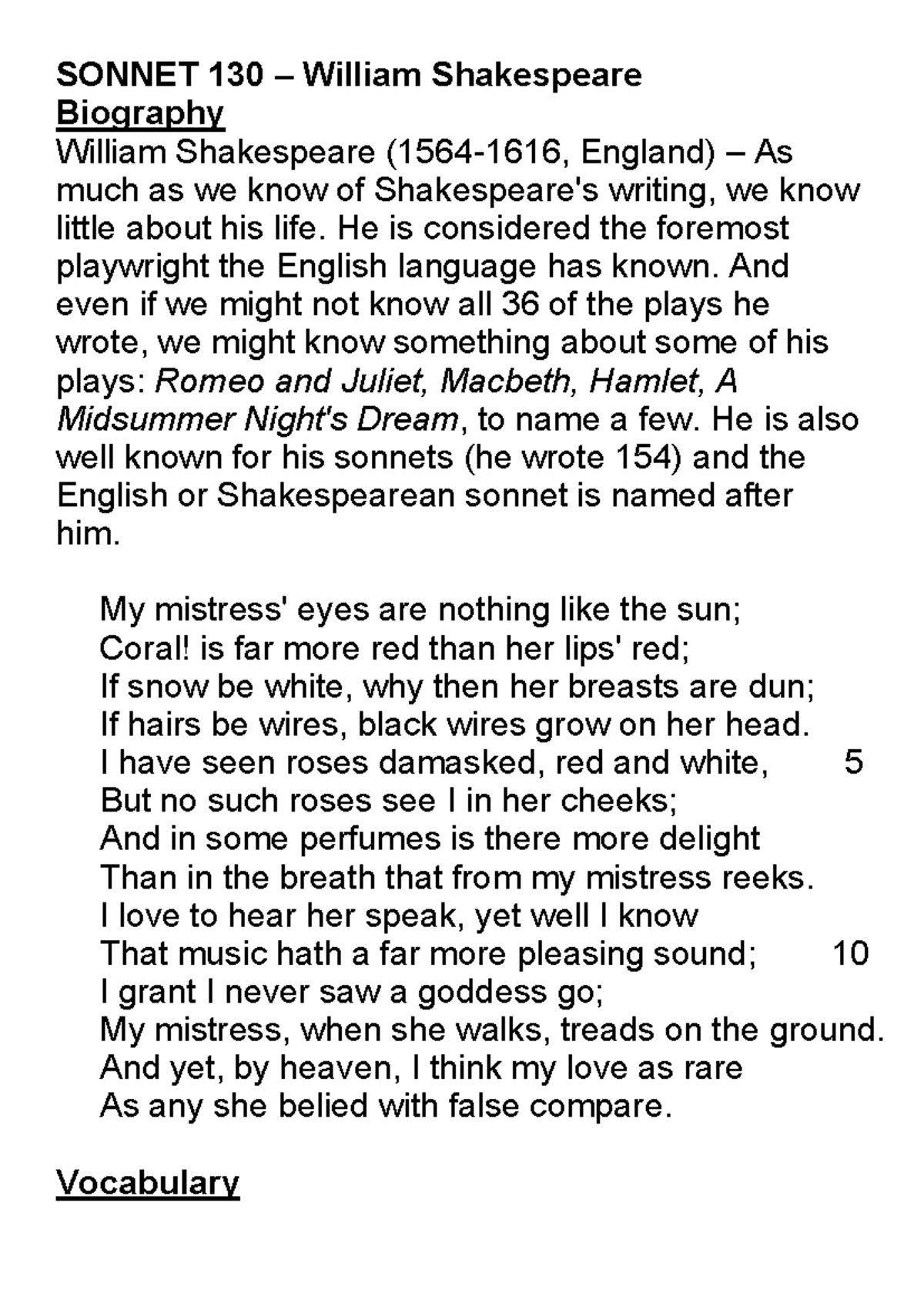 SONNET 130 Analysis: Shakespeare's Unique Take on Beauty - Studocu