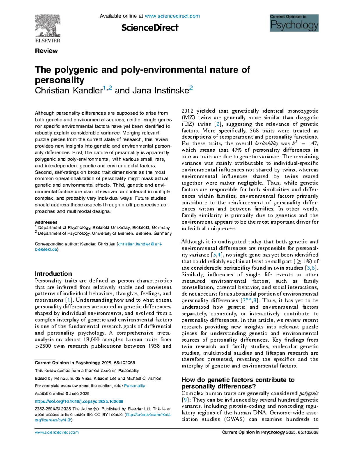 Psych 2B03 Review: The Polygenic Nature of Personality Traits - Studocu