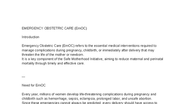 Emergency Obstetric Care (EmOC) Overview and Services - Studocu
