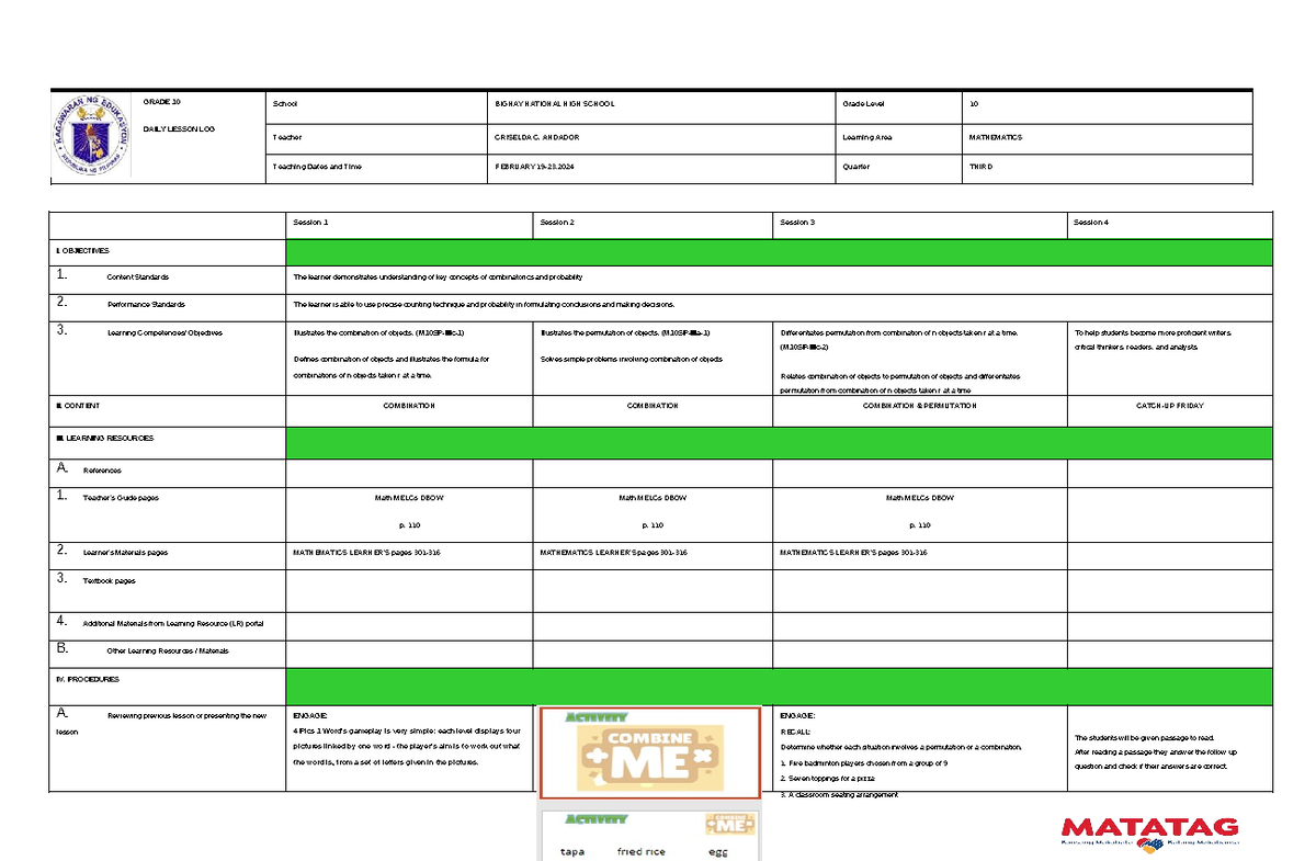 GRADE 10 Math Lesson Log: Permutations vs. Combinations - Studocu