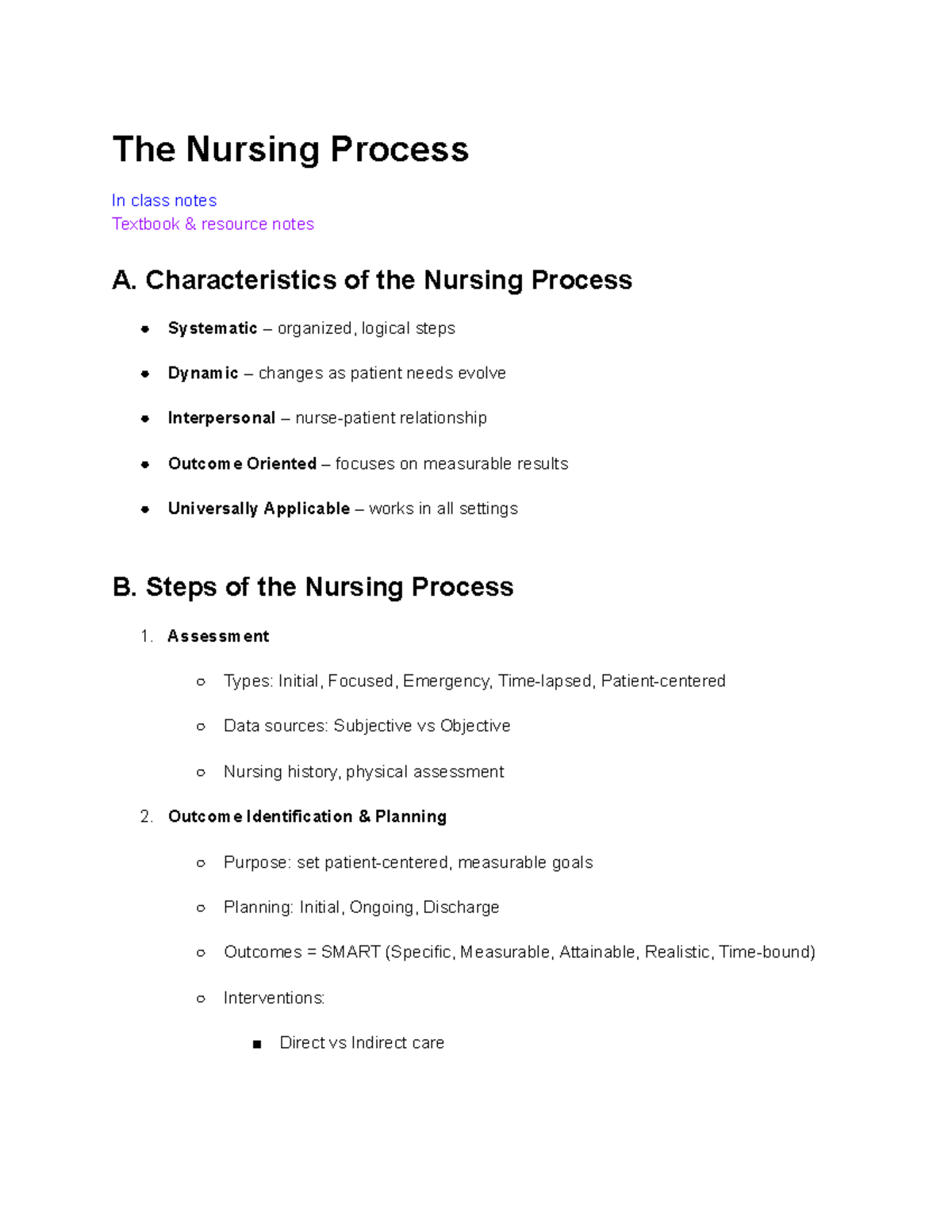 NUR 101: The Nursing Process - Comprehensive Class Notes Outline - Studocu