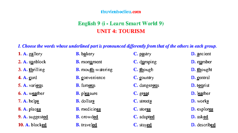 English 9 (i Learn Smart World 9) UNIT 4: Tourism Exercises - Studocu