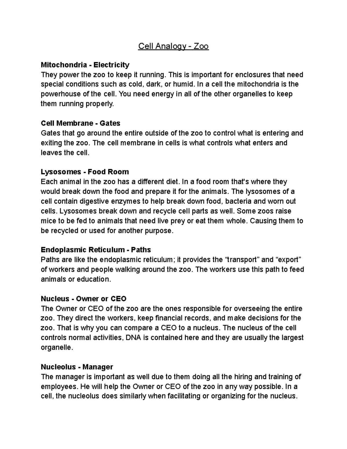Cell analogy for science - Cell Analogy - Zoo Mitochondria ...