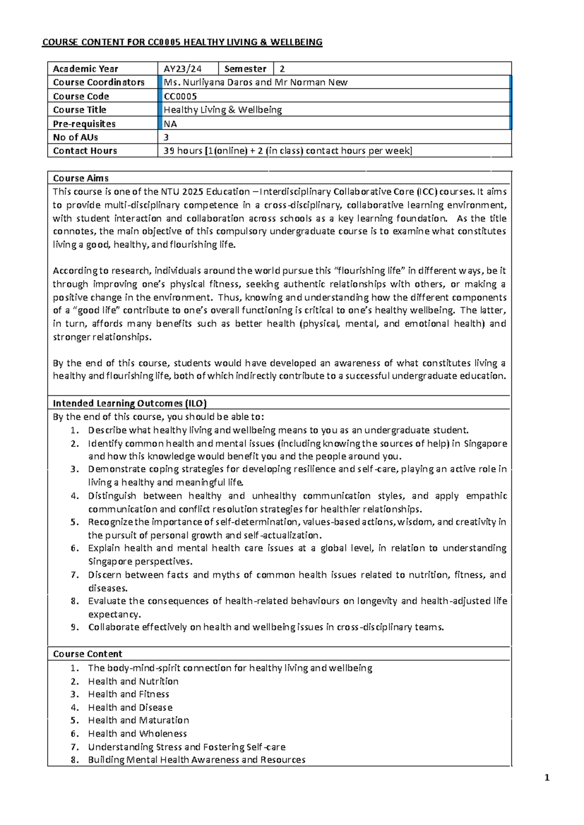CC0005 Syllabus: Healthy Living & Wellbeing Course Overview - Studocu