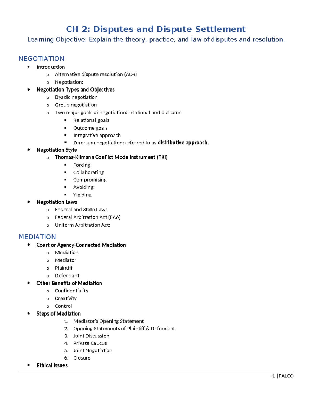 CH 2: Disputes & Dispute Settlement Outline - Key Concepts & Laws - Studocu