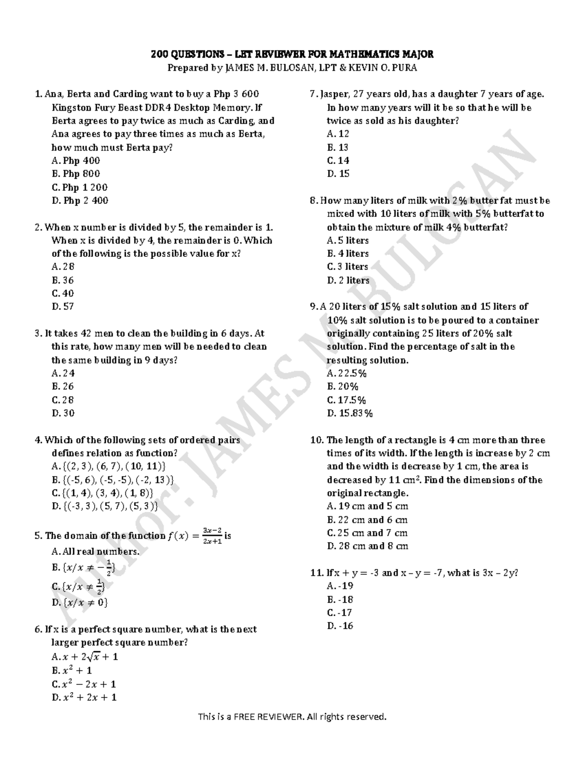 LET Reviewer for Mathematics Major - 200 QUESTIONS – LET REVIEWER FOR ...