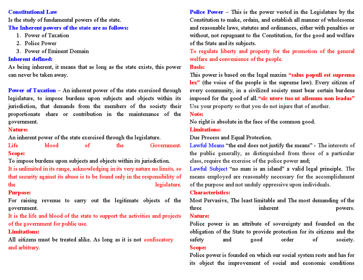 Constitutional Law: Inherent Powers of the State Explained - Studocu