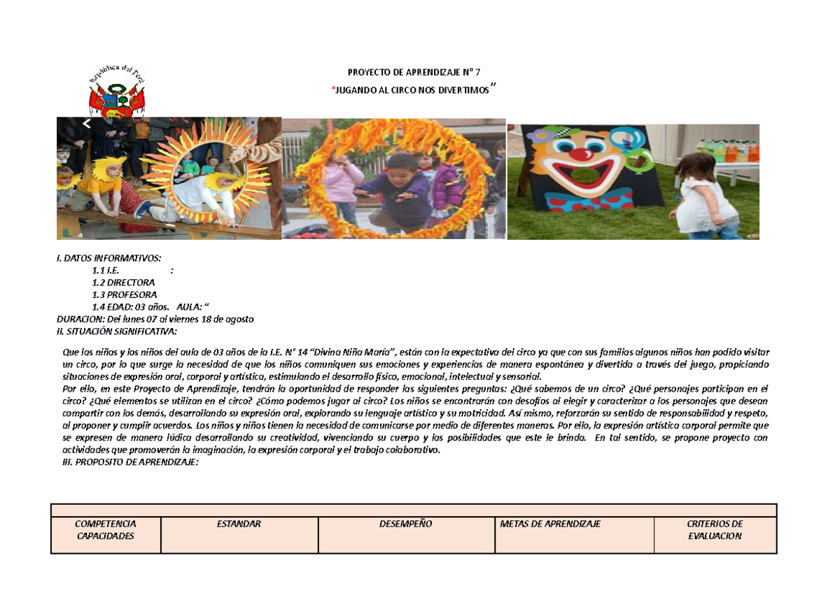 Proyecto Jugando AL Circo - PROYECTO DE APRENDIZAJE N° 7 “JUGANDO AL CIRCO NOS DIVERTIMOS” I ...