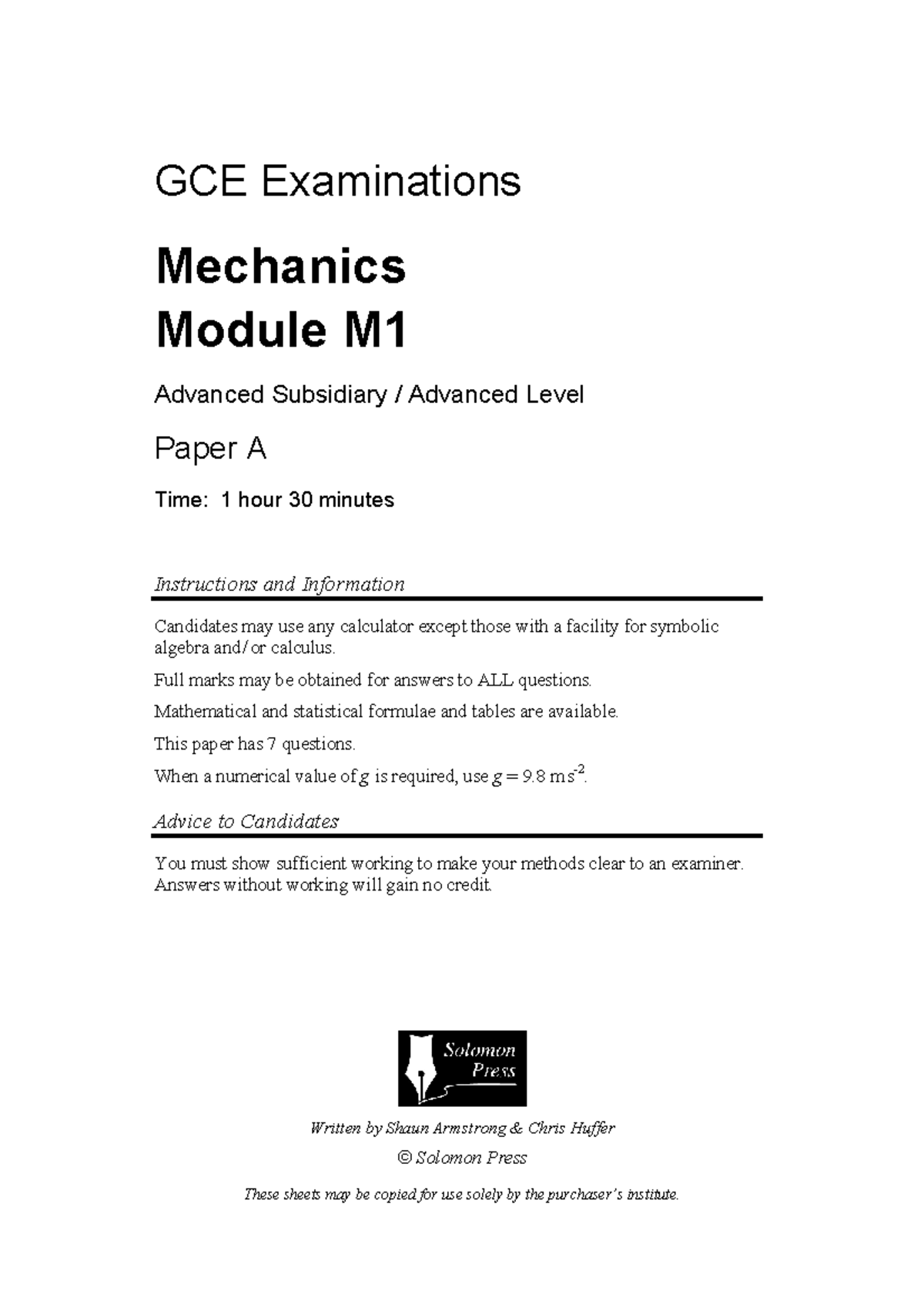 GCE M1 Mechanics Advanced Level Exam Papers A to L Collection - Studocu