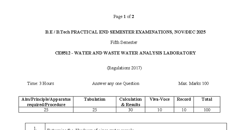 CE8512 Water & Waste Water Analysis Lab Practical Exam 2025 - Studocu