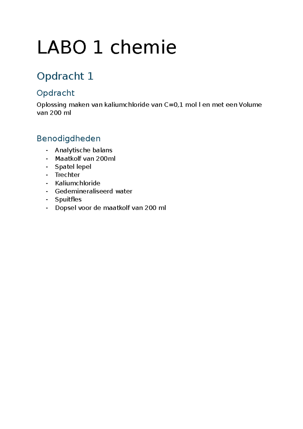 LABO 1 Chemie - Oplossingen van KCl, NaCl en NaOH Berekeningen - Studocu