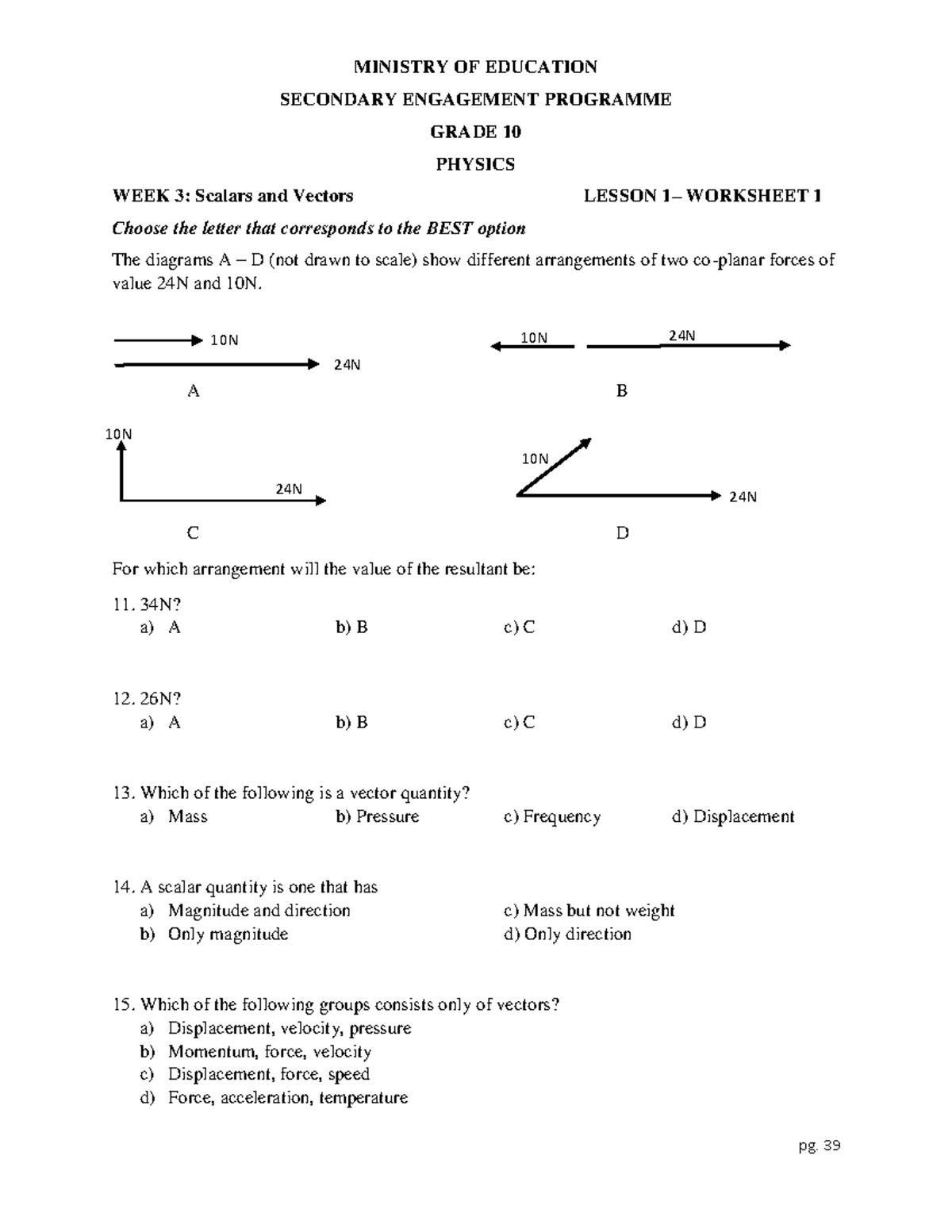 Grade 10 Physics W3: Scalars & Vectors - Worksheet 1 & Answers - Studocu