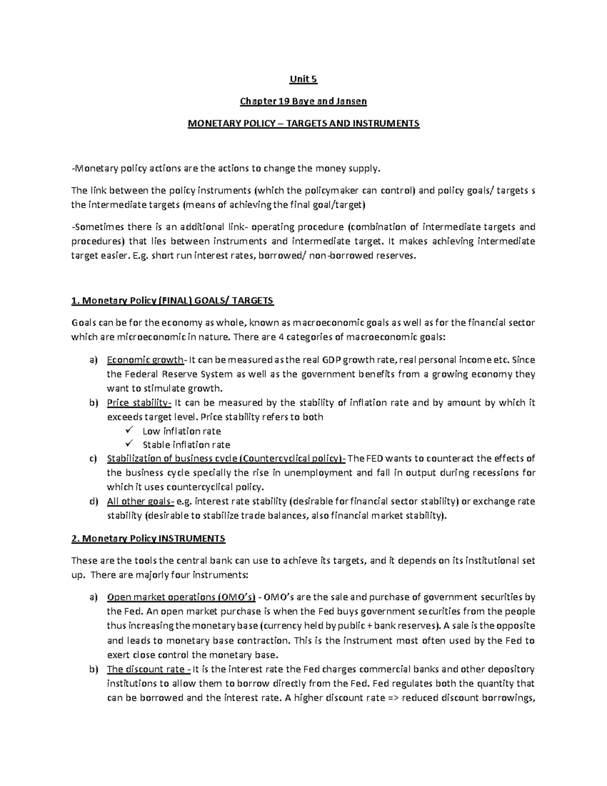 Unit 5 Chapter 19: Monetary Policy Targets & Instruments Analysis - Studocu