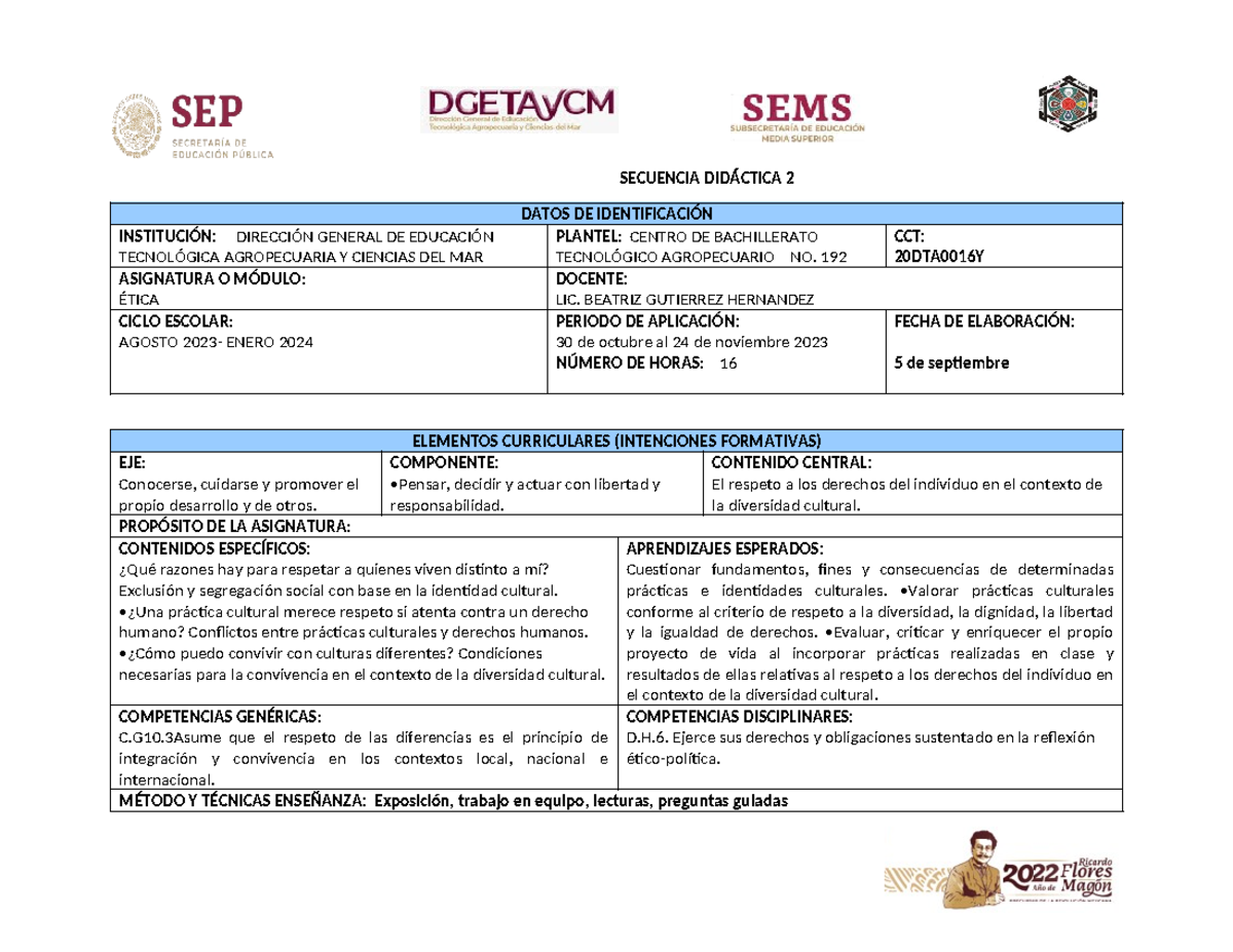 Secuencia Didáctica 2: Ética - DGETA y Ciencias del Mar 2024 - Studocu