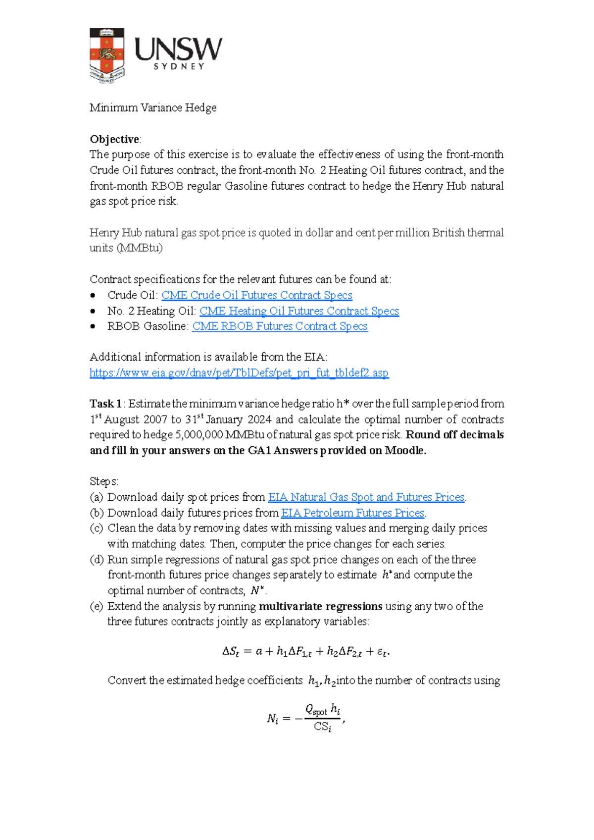 Minimum Variance Hedge Analysis: Assignment 1 2025T3 - Studocu
