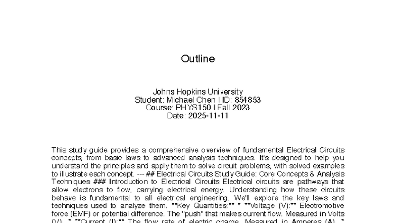 PHYS150 Fall 2023: Electrical Circuits Study Guide & Analysis ...