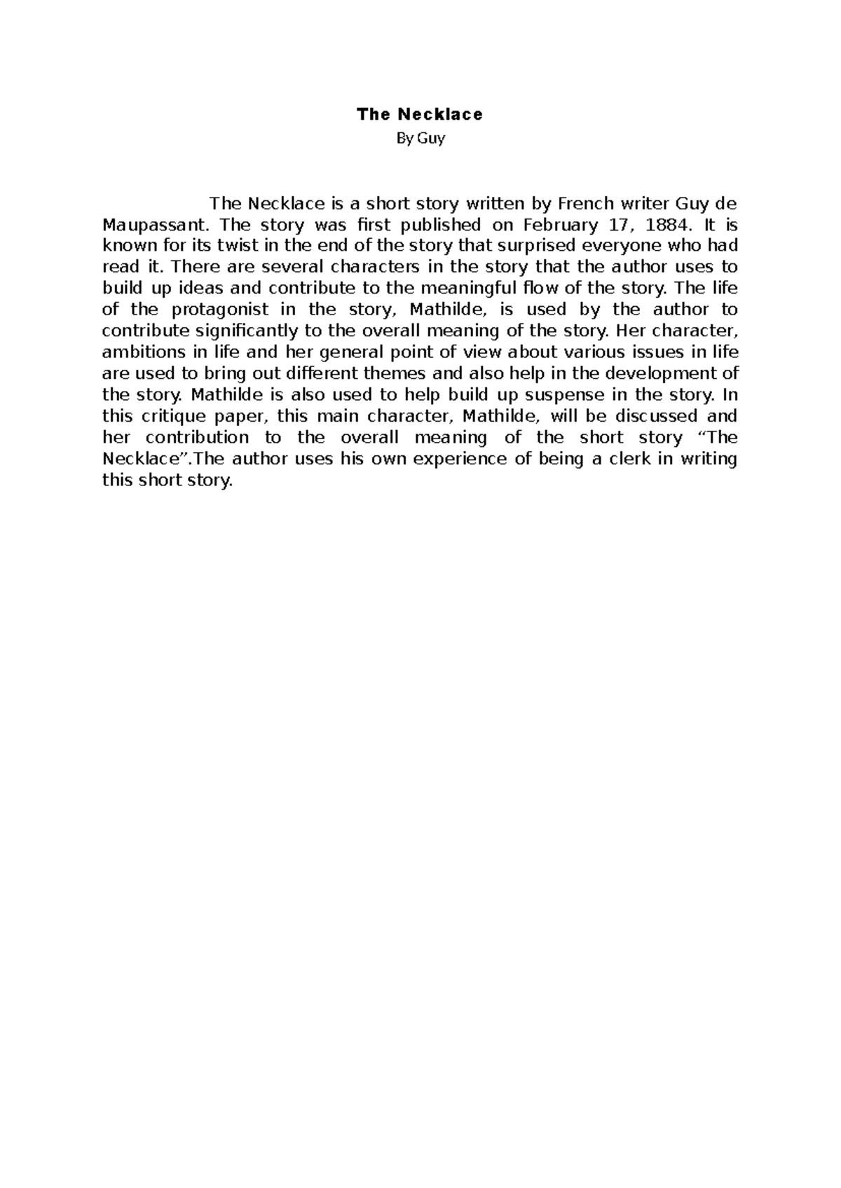 Critique Paper 1: Analyzing Mathilde's Role in "The Necklace" - Studocu