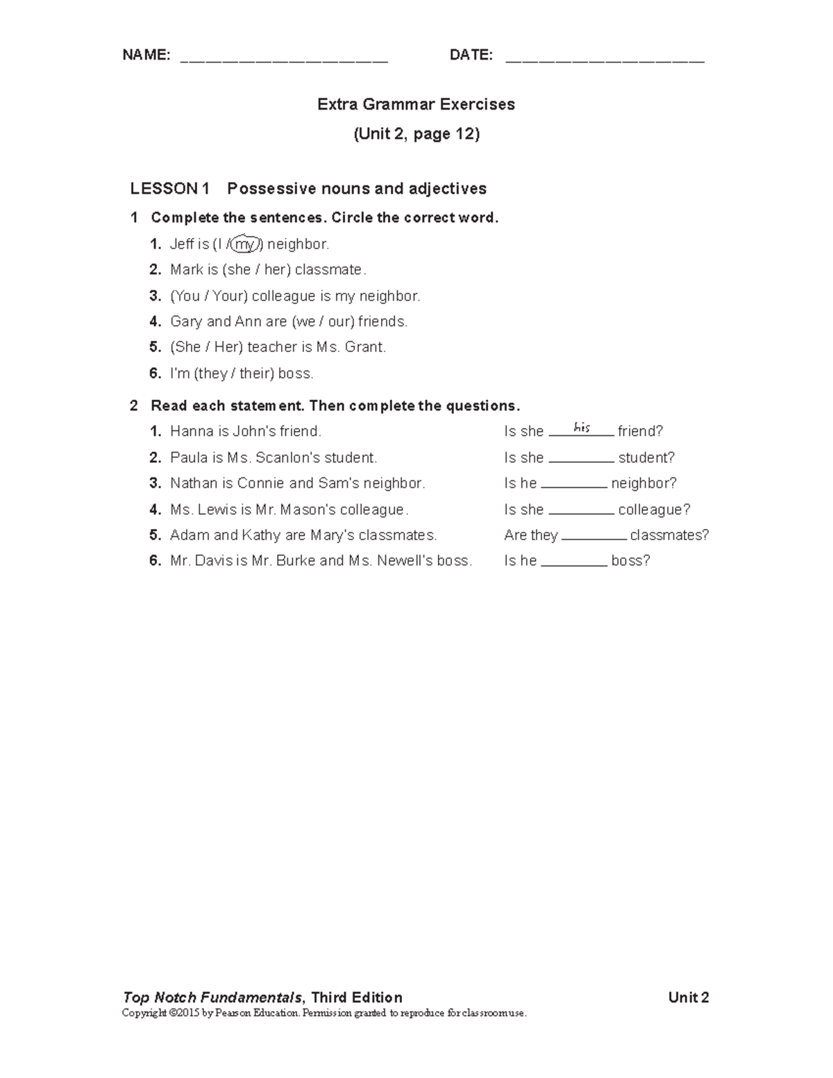 Extra Grammar Exercises (Unit 2) - Lesson 1: Possessives & Questions ...