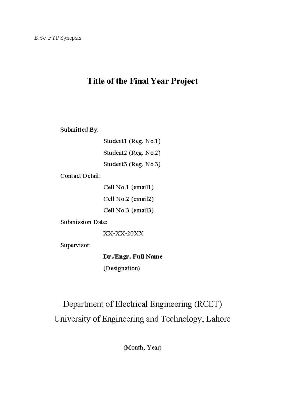 B.Sc. FYP Synopsis Template for Final Year Project Submission - Studocu
