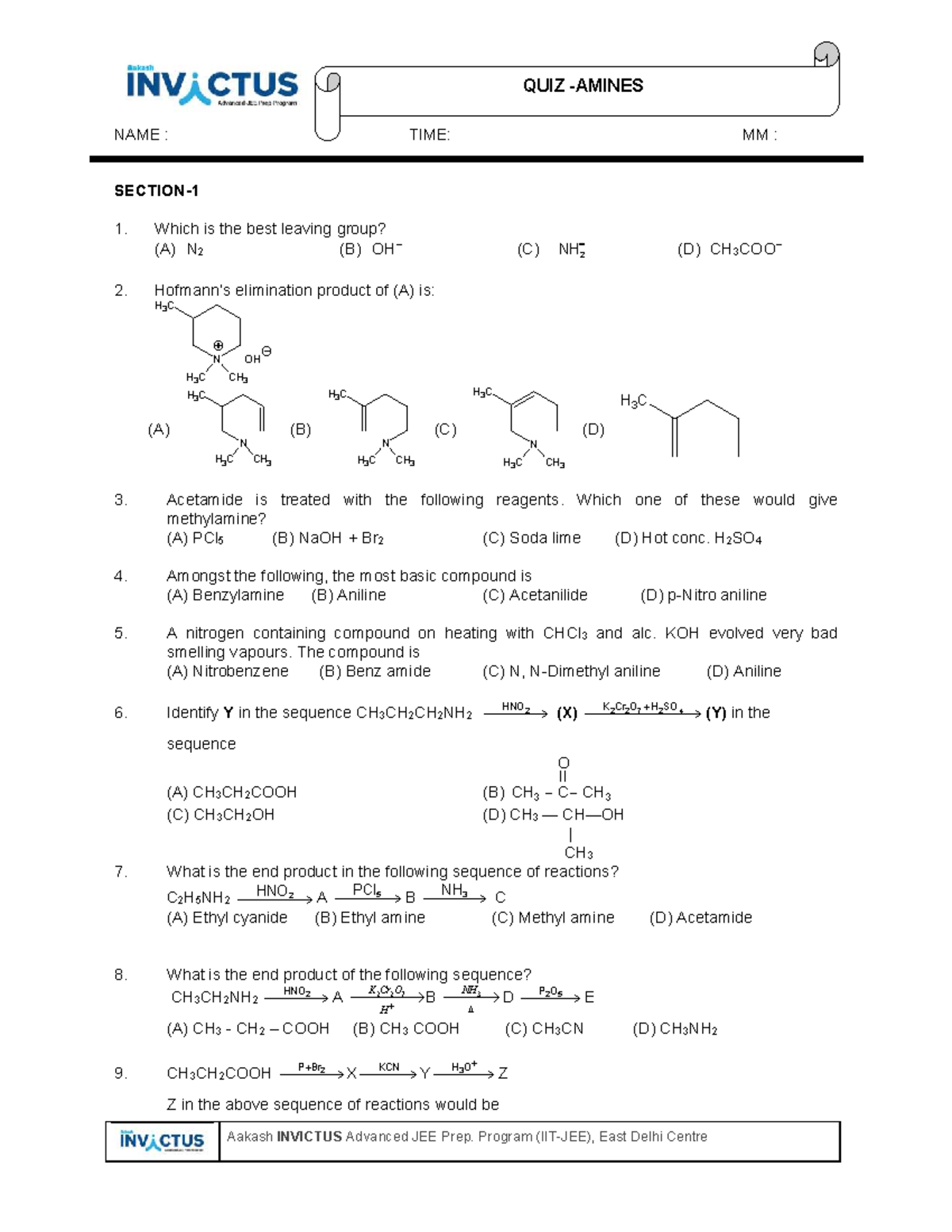 Amines Quiz - Aakash INVICTUS Advanced JEE Prep. Program - Studocu