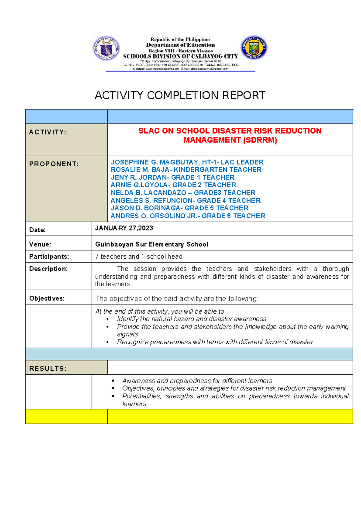 SLAC Activity Completion Report: School Disaster Risk Reduction (SDRRM) - Studocu