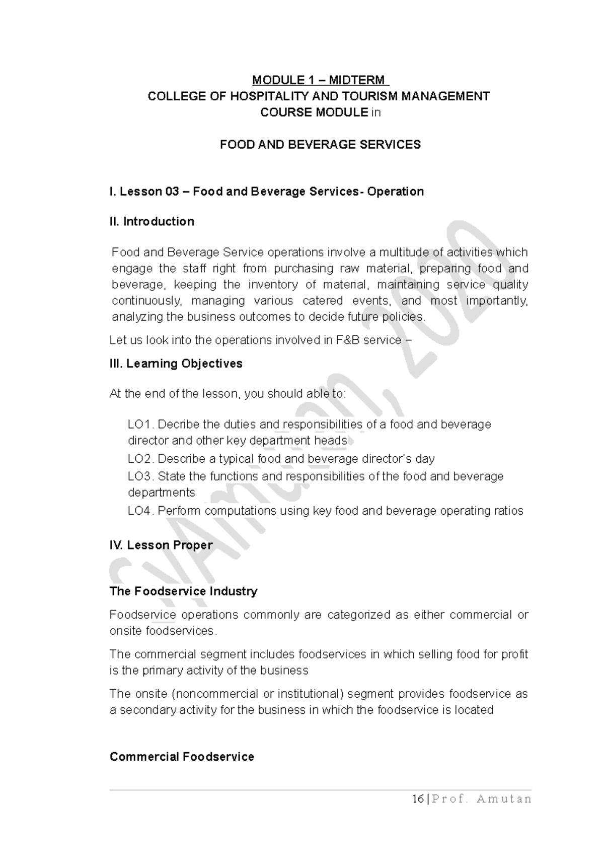 Lesson 3 Food and Beverage Operation - MODULE 1 – MIDTERM COLLEGE OF ...