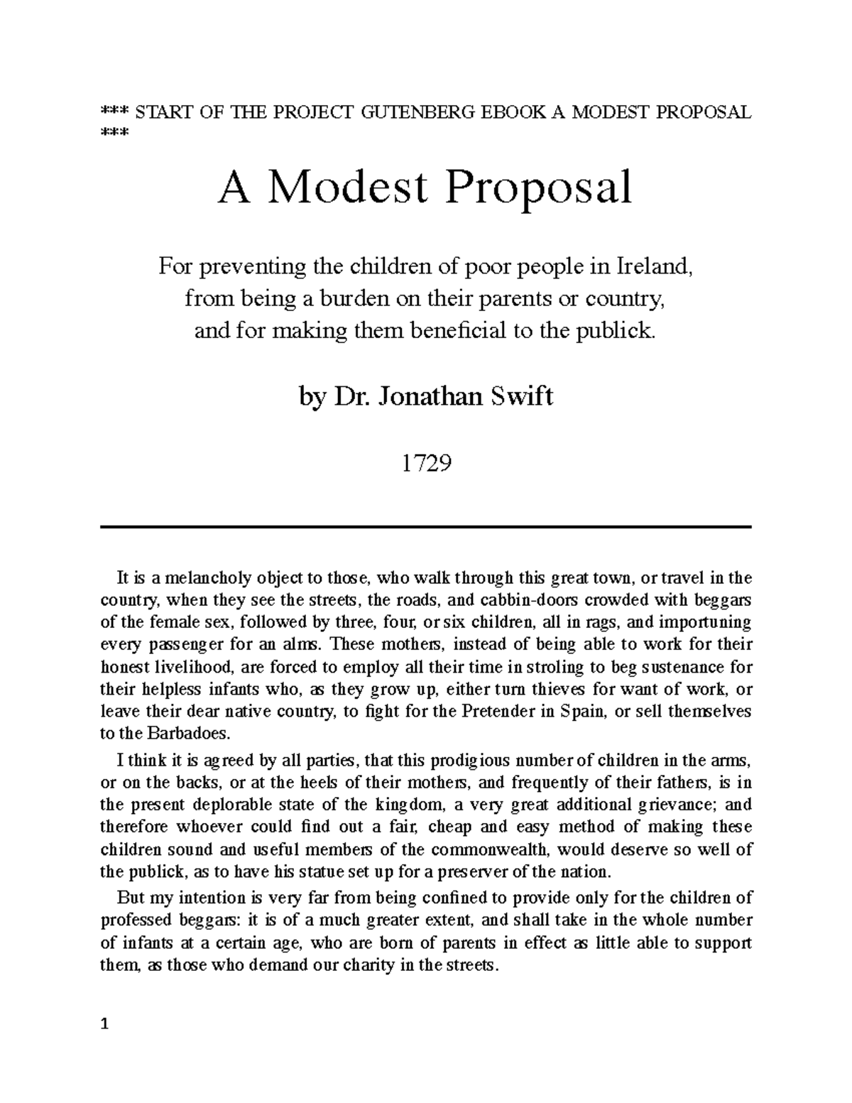 ENG 101: Swift's A Modest Proposal - Class Discussion Notes - Studocu