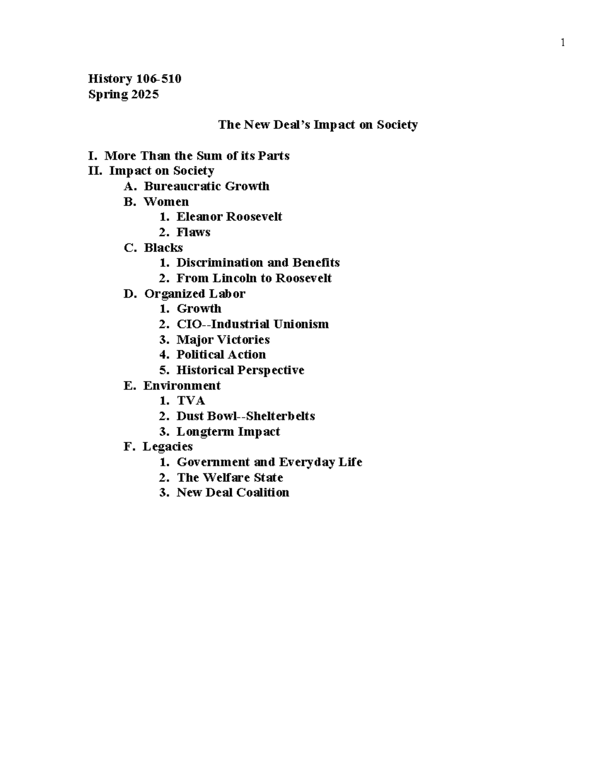 #11 New.Deal.Impact.Outline - History 106- Spring 2025 The New Deal’s ...