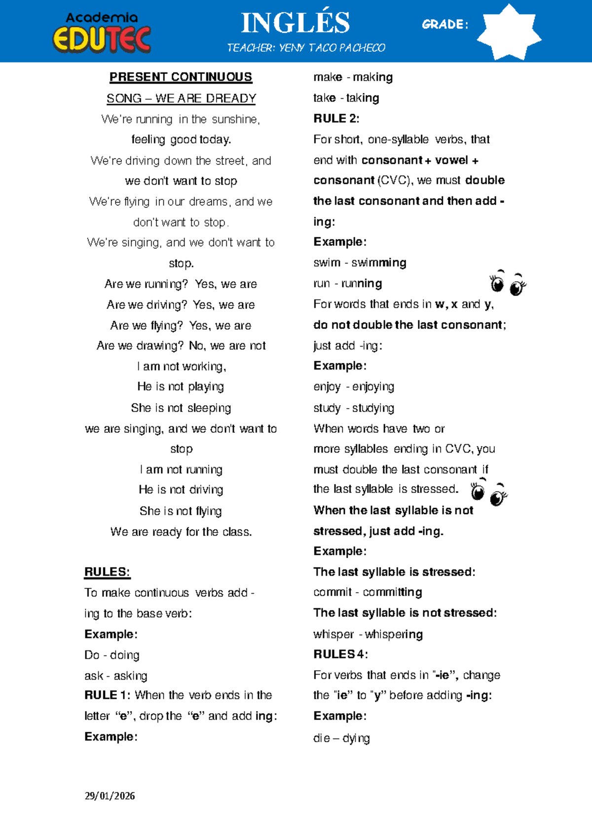 Present Continuous Rules and Examples - INGLÉS GRADE: YENY TACO PACHECO ...
