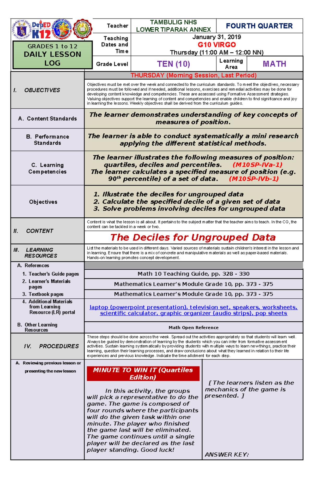 476625531 Detailed Lesson Plan in Math 10 The Deciles for Ungrouped Data - ####### Teacher ...