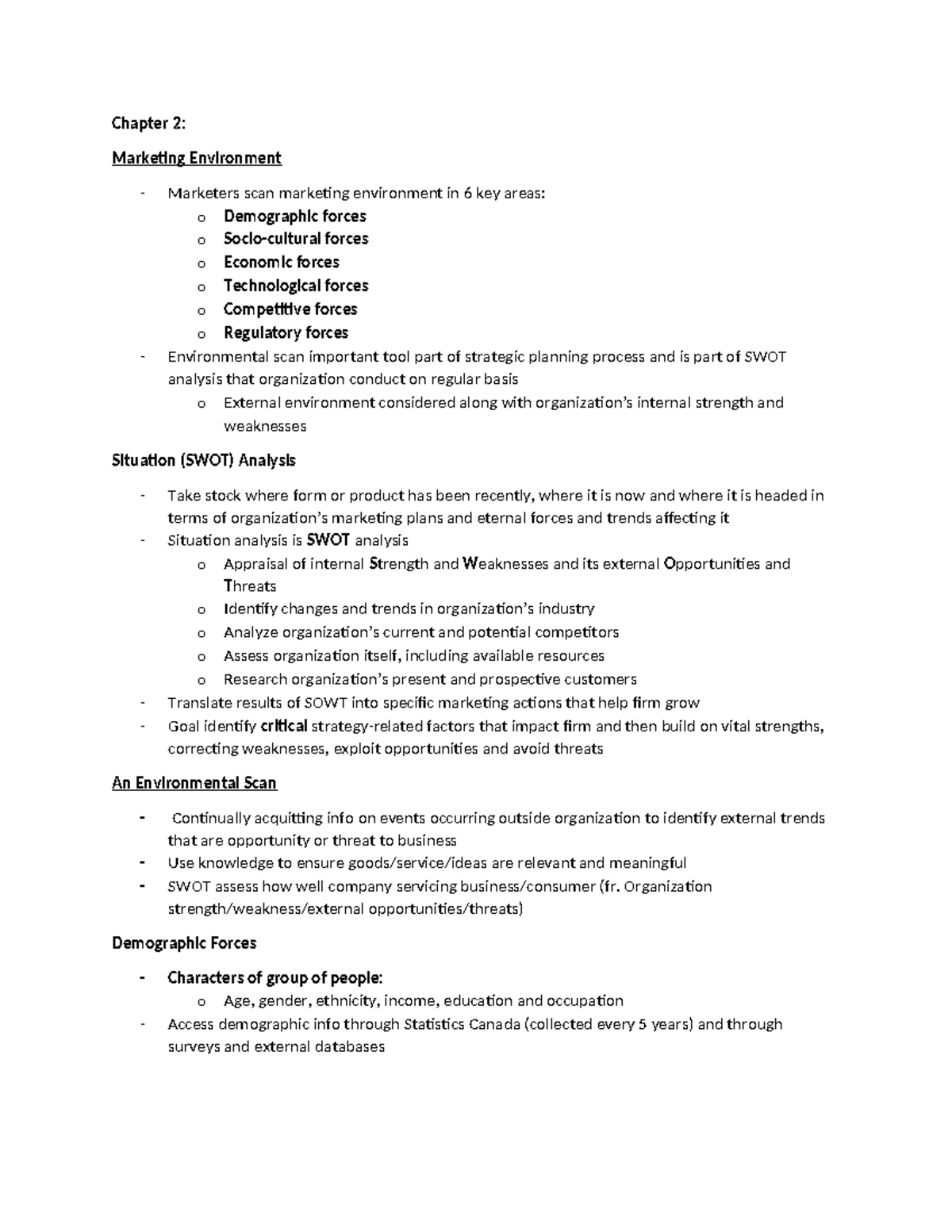 MKTG 101 - Chapter 2 Notes: Marketing Environment Overview - Studocu