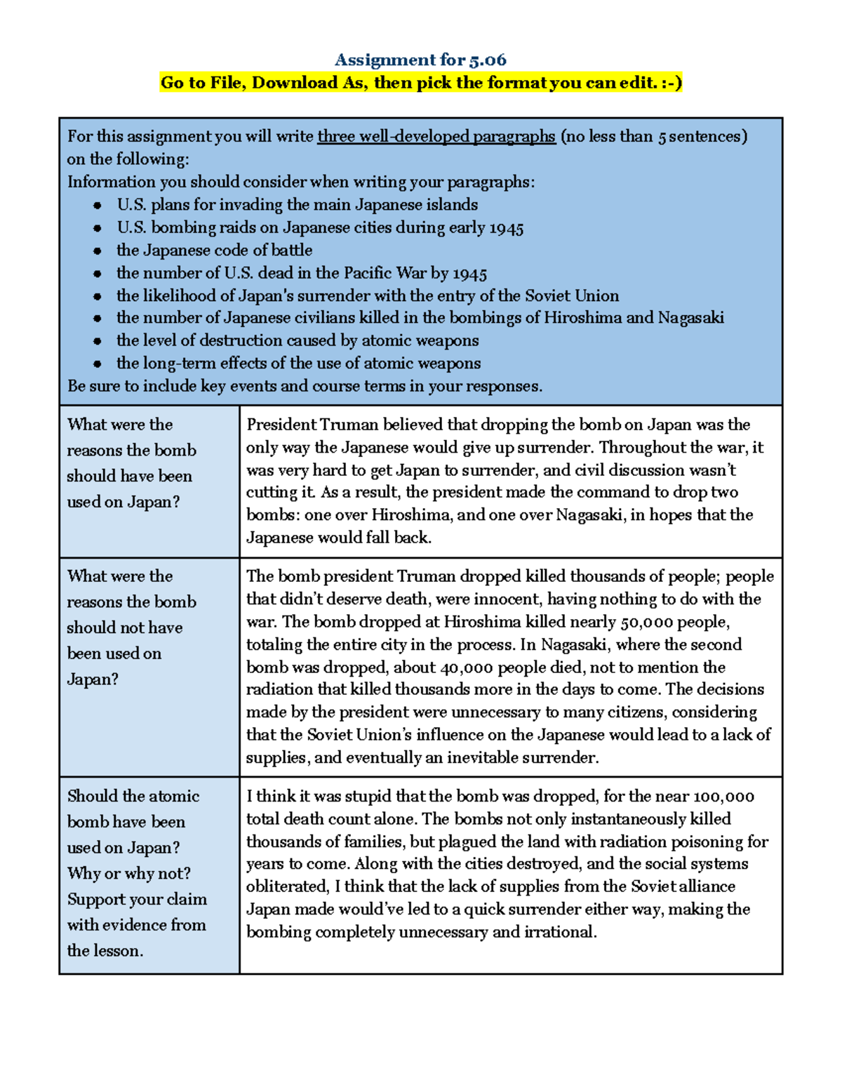 US History 5.06: Analyzing the Use of Atomic Bombs on Japan - Studocu