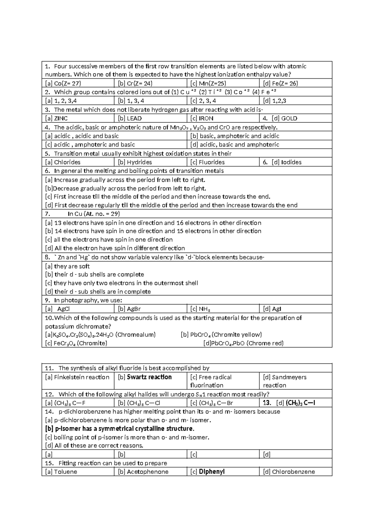 Transition Metals MCQs for Chemistry Course CHEM 101 - Studocu