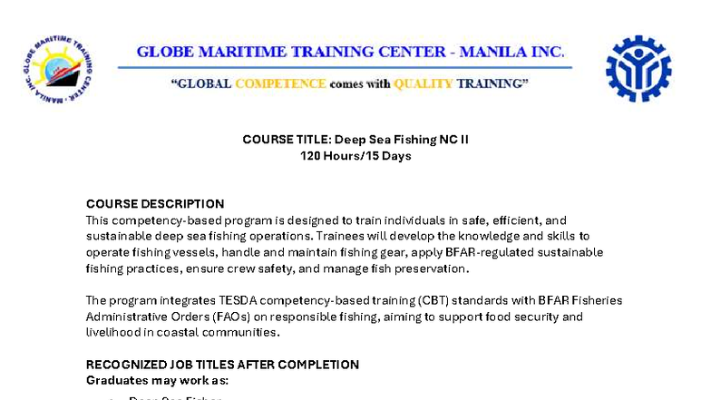 Deep Sea Fishing NC II: 120-Day Training Program Overview - Studocu