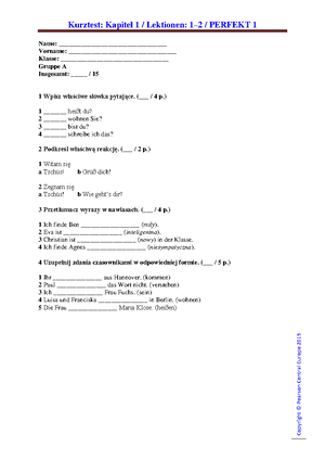 Sprawdzian z czasu przeszłego Perfekt - Sprawdzian z rozdziału II I ...