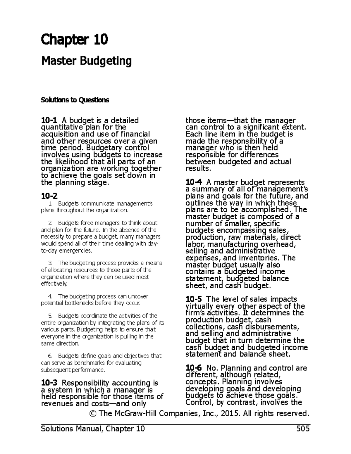 Solution Manual Chapter 10 - Chapter 10 Ma ster B udget in g Sol utions ...