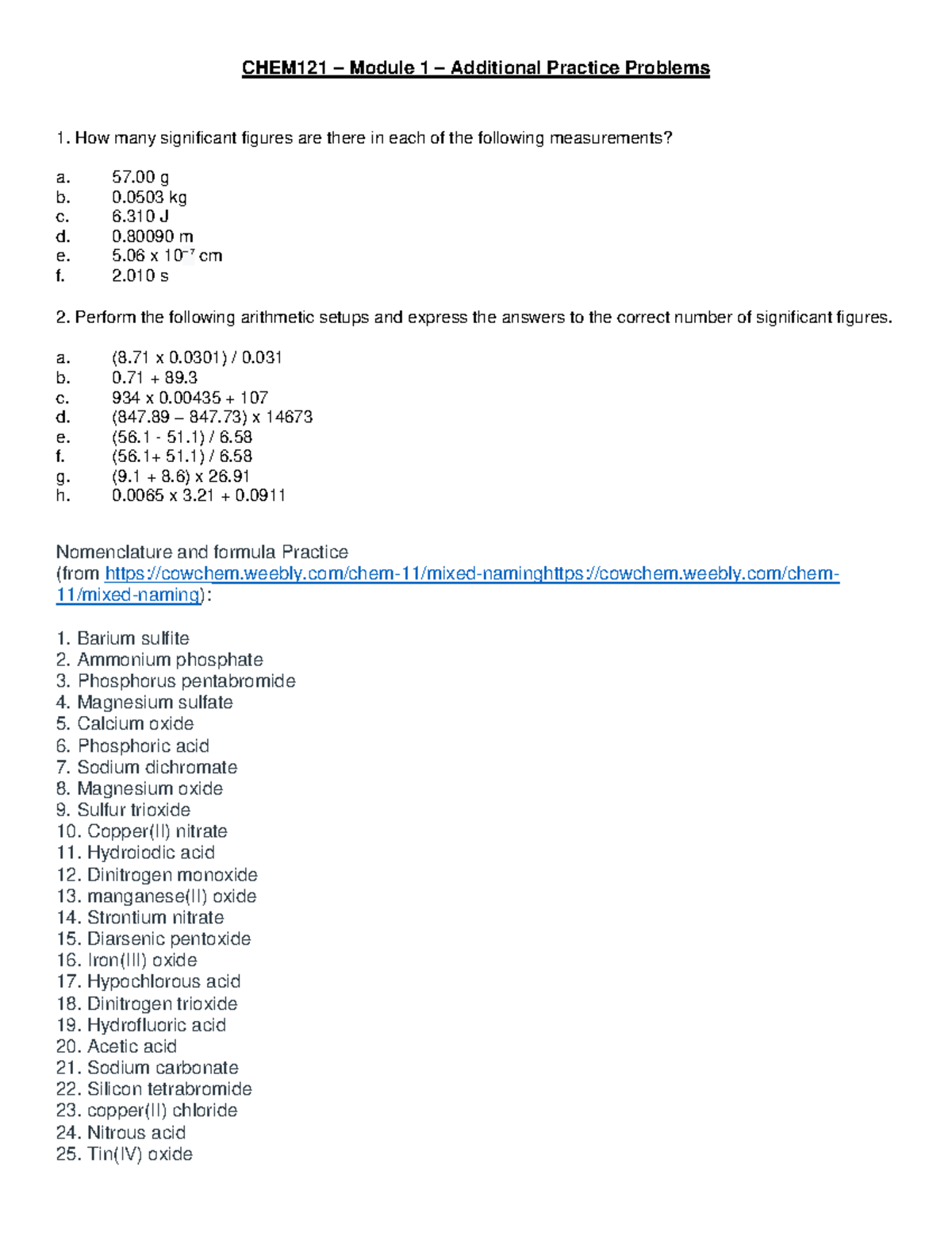 CHEM121 - Module 1 - Sig Figs & Nomenclature Practice Problems - Studocu