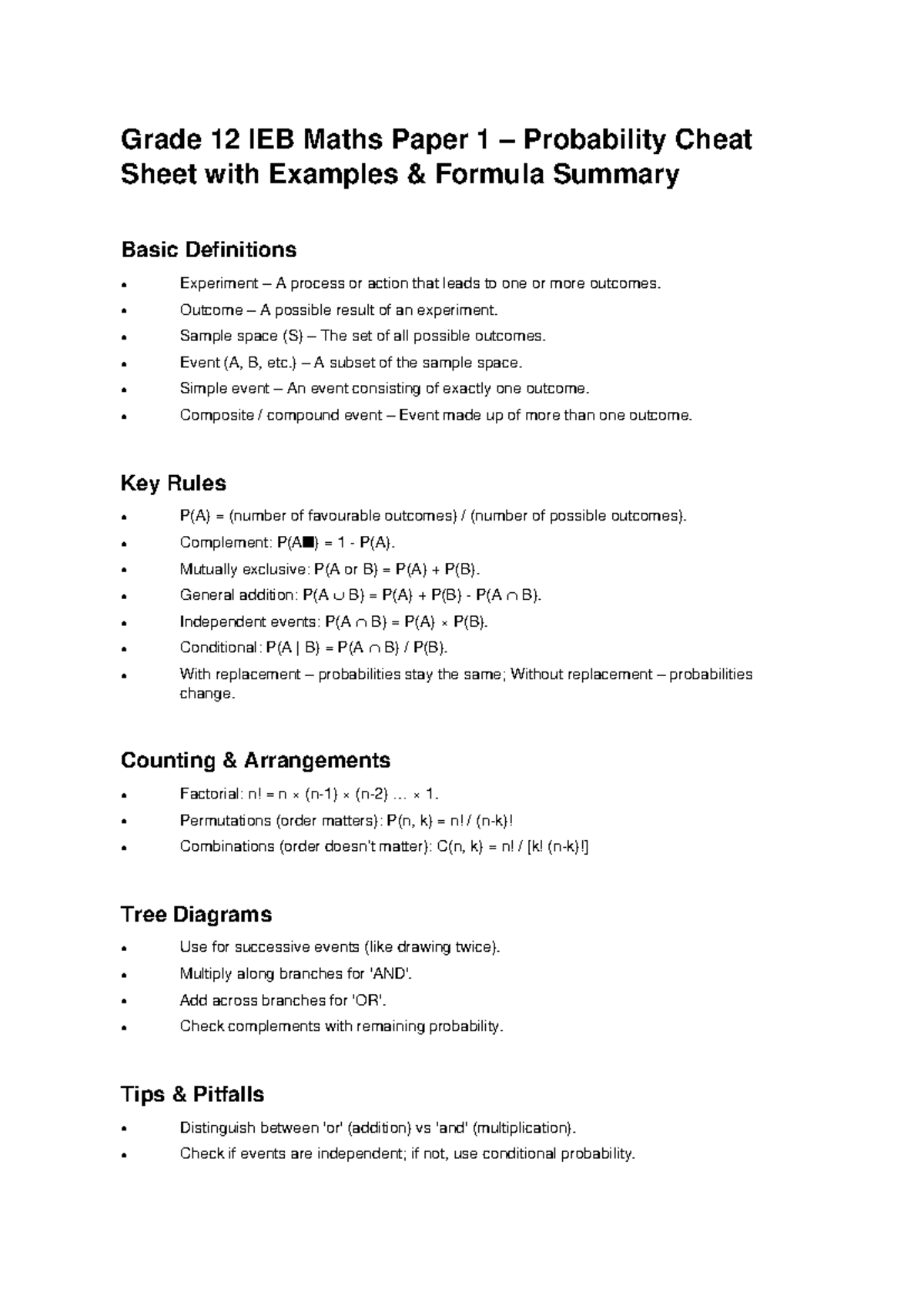 Grade 12 IEB Maths Paper 1 Probability Cheat Sheet & Formula Summary - Studocu
