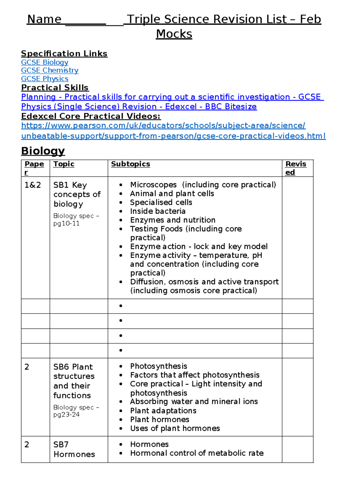 Year 11 Triple Science Revision List - Feb Mocks (GCSE Biology ...
