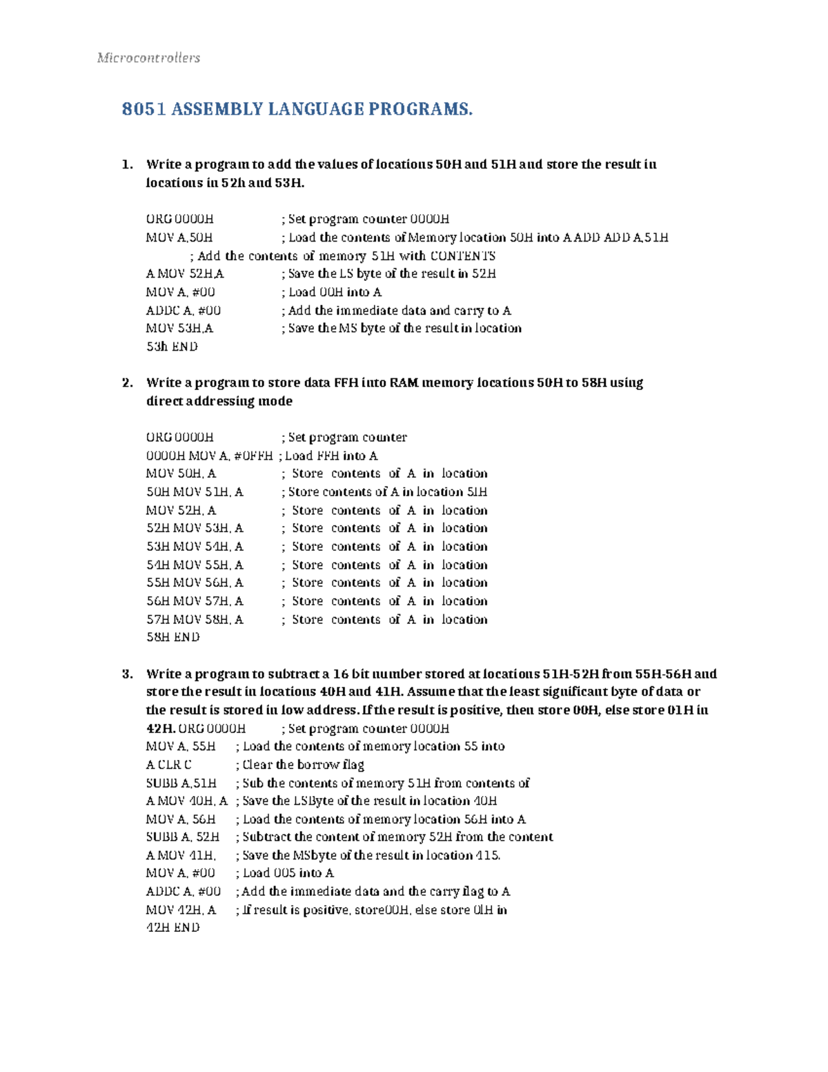 8051 Assembly Language Program Examples and Practice Notes - Studocu