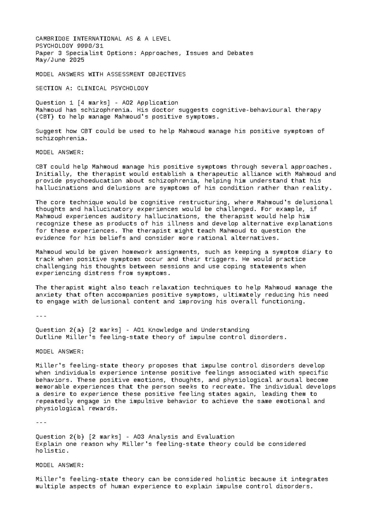 CIE Psychology 9990/31 Model Answers 2025: Approaches, Issues & Debates ...