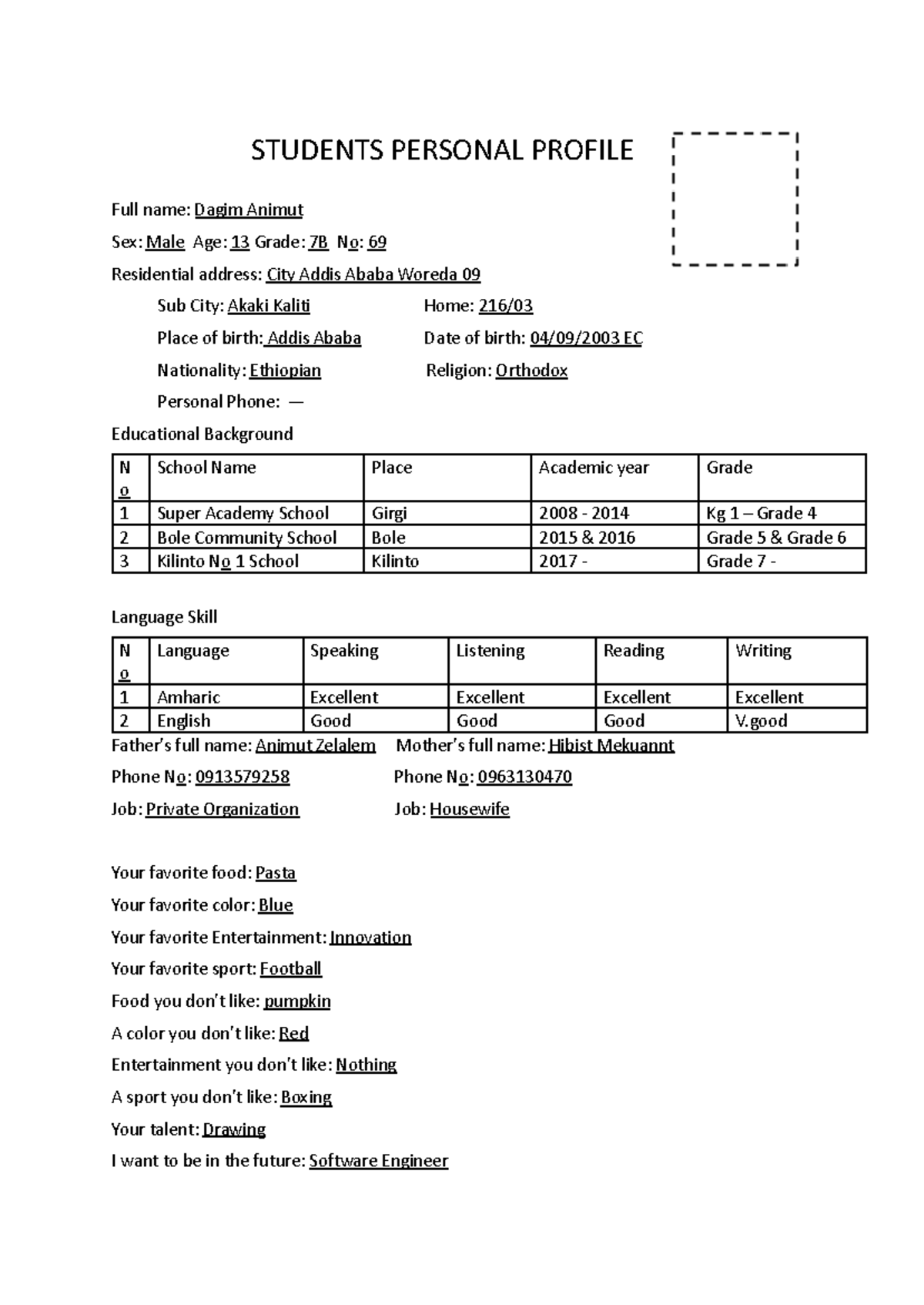 Students Personal Profile: Dagim Animut - Grade 7B Details - Studocu