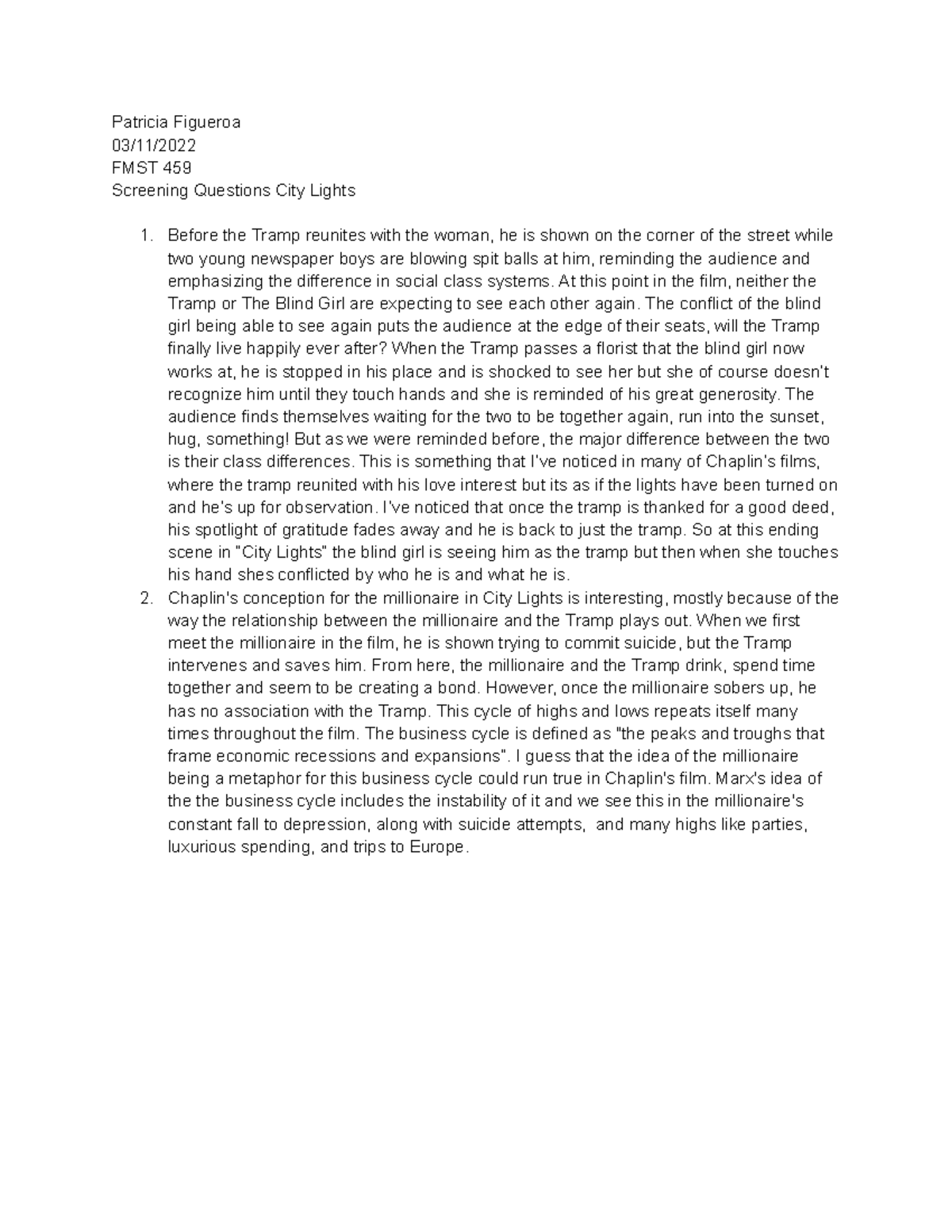 FMST 459: Screening Questions on Class Dynamics in City Lights - Studocu
