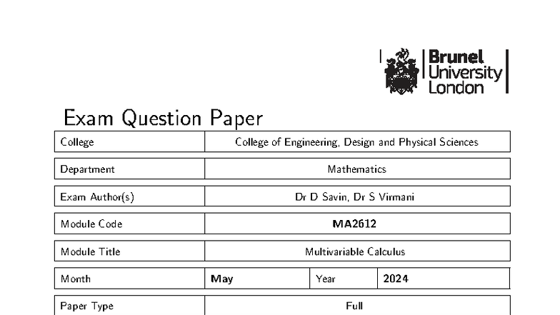MA2612 Multivariable Calculus Exam Paper - May 2024 - Studocu