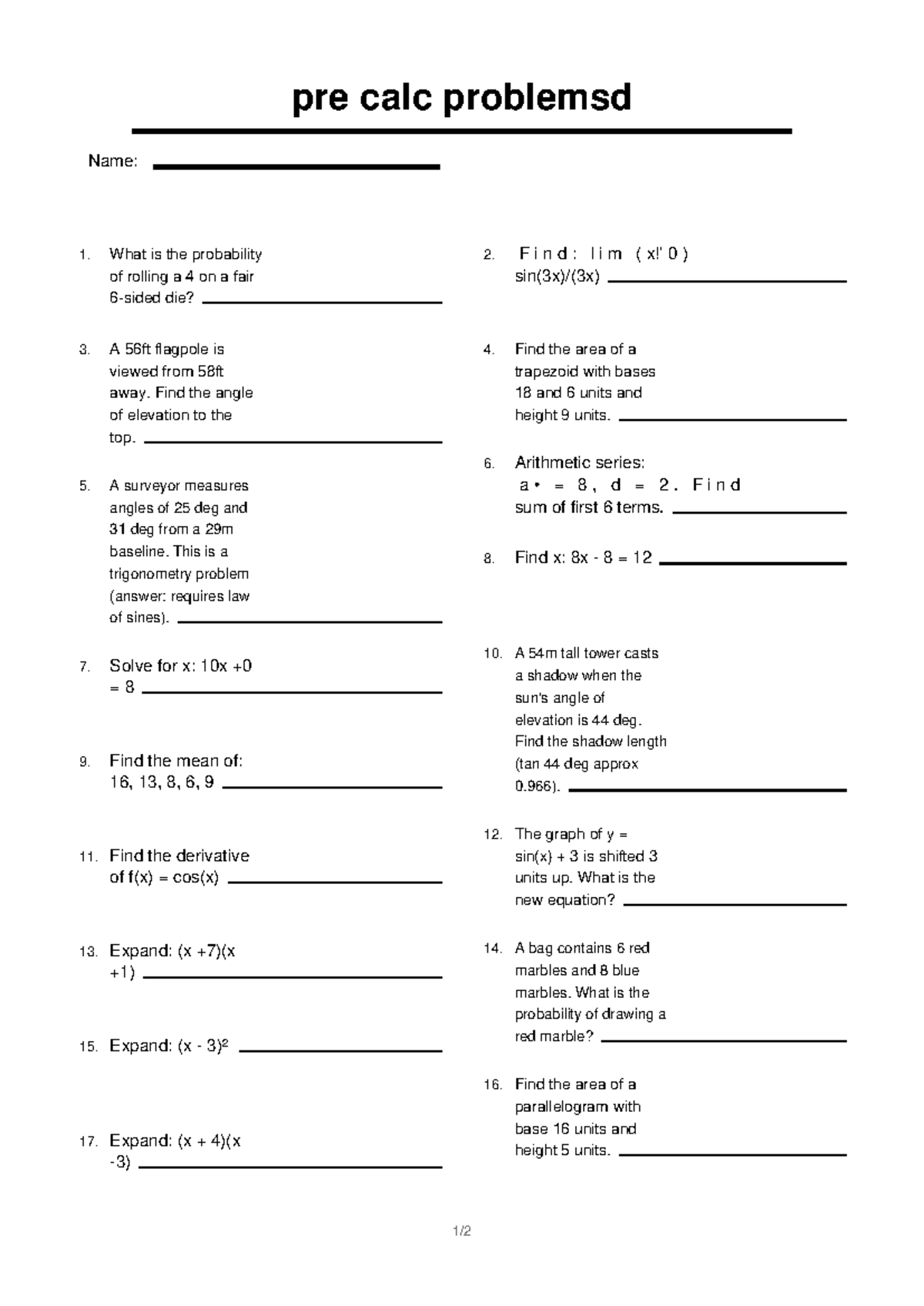 Pre Calc Problems: Practice Questions and Solutions - Studocu