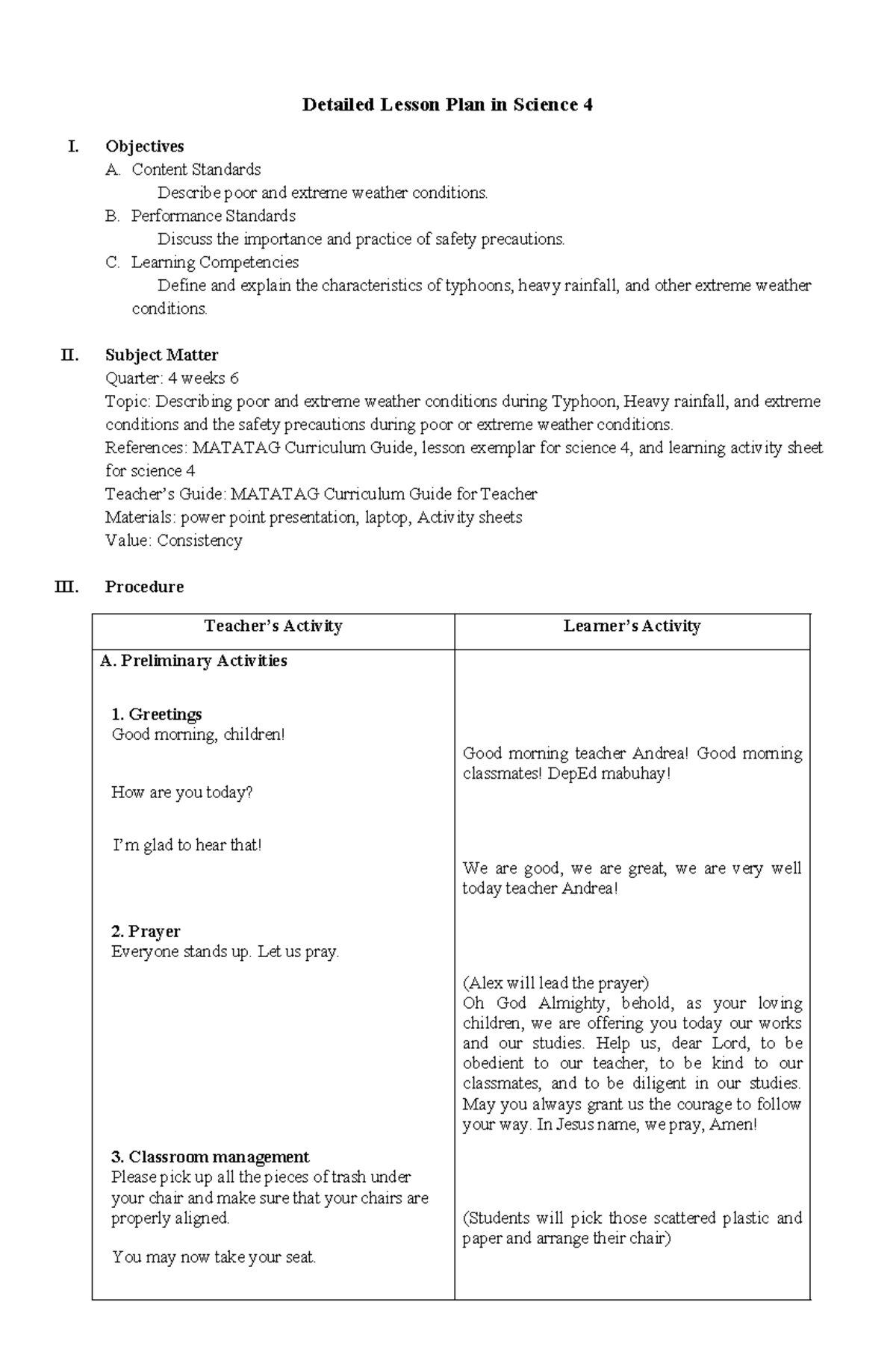 Detailed Lesson Plan in Science 4: Extreme Weather & Safety - Studocu