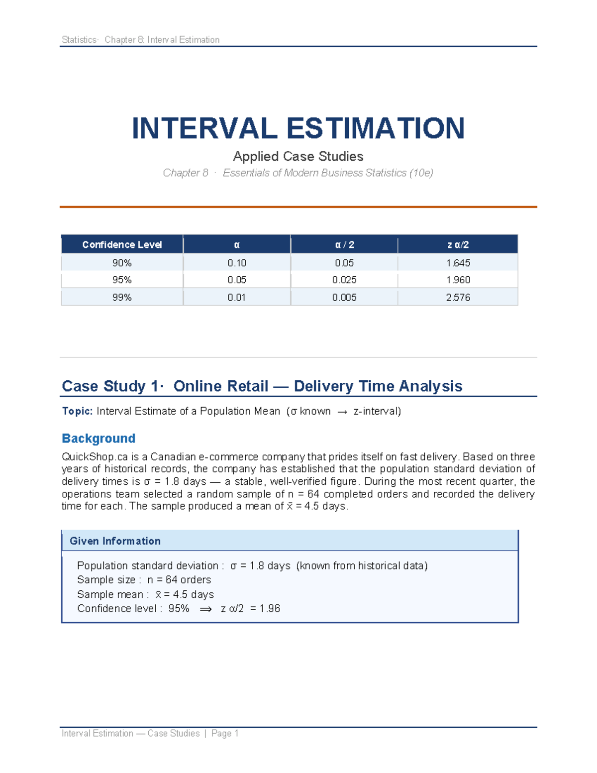 Ch 8: Case Studies on Interval Estimation in Business Statistics - Studocu