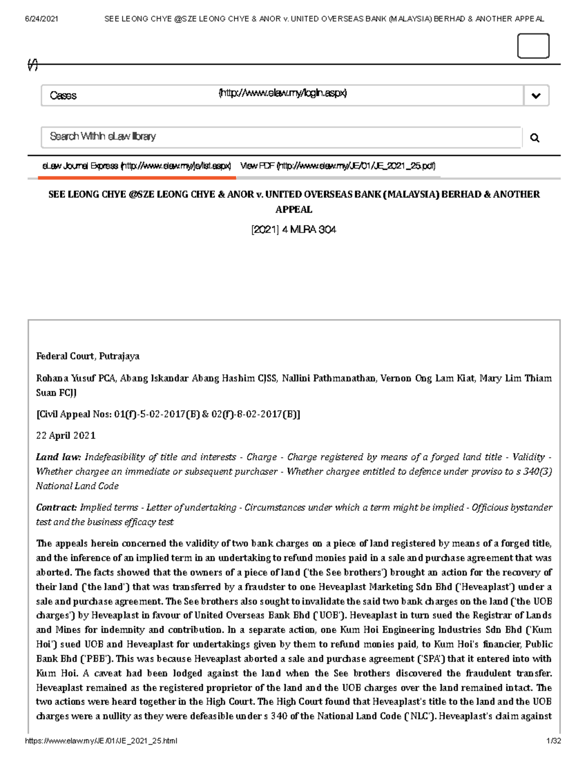 Final Appeal Analysis: SEE Leong CHYE @ SZE Leong CHYE v. UOB (2021 ...